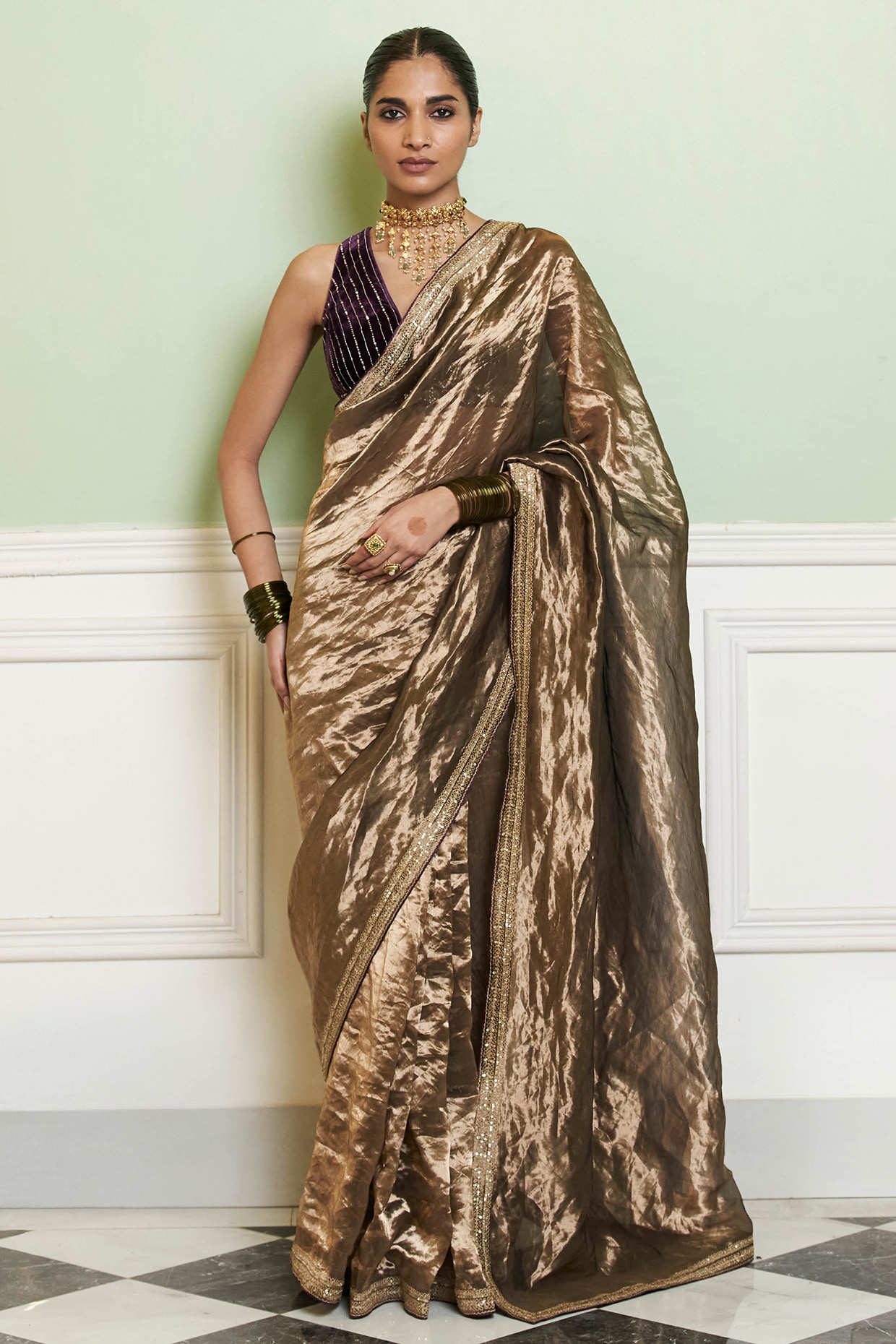 Gold Silk Tissue Zardosi Embroidered Saree Set by Devnaagri at Pernia's ...