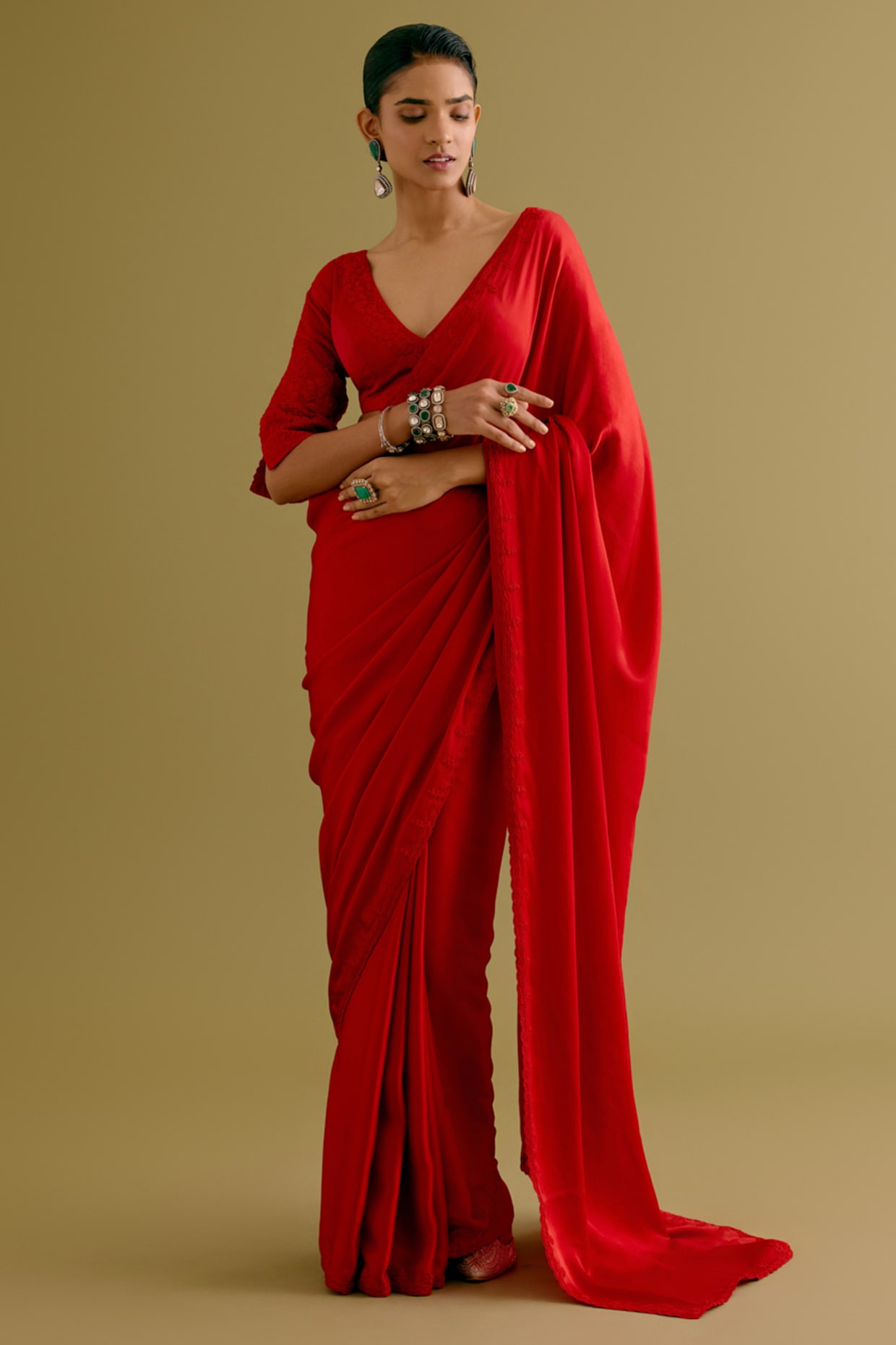 Ruby Red Satin Embroidered Saree Set by Devnaagri at Pernia's Pop Up ...