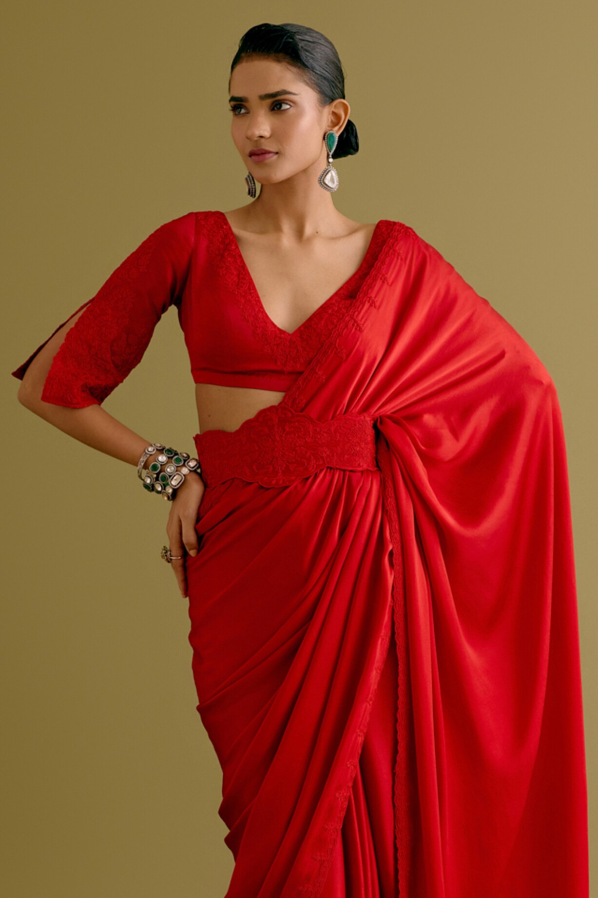 Ruby Red Satin Embroidered Saree Set by Devnaagri at Pernia's Pop Up ...