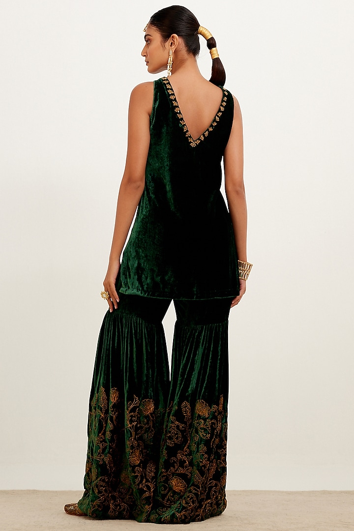 Bottle Green Velvet Sharara Set by Devnaagri at Pernia's Pop Up Shop 2025