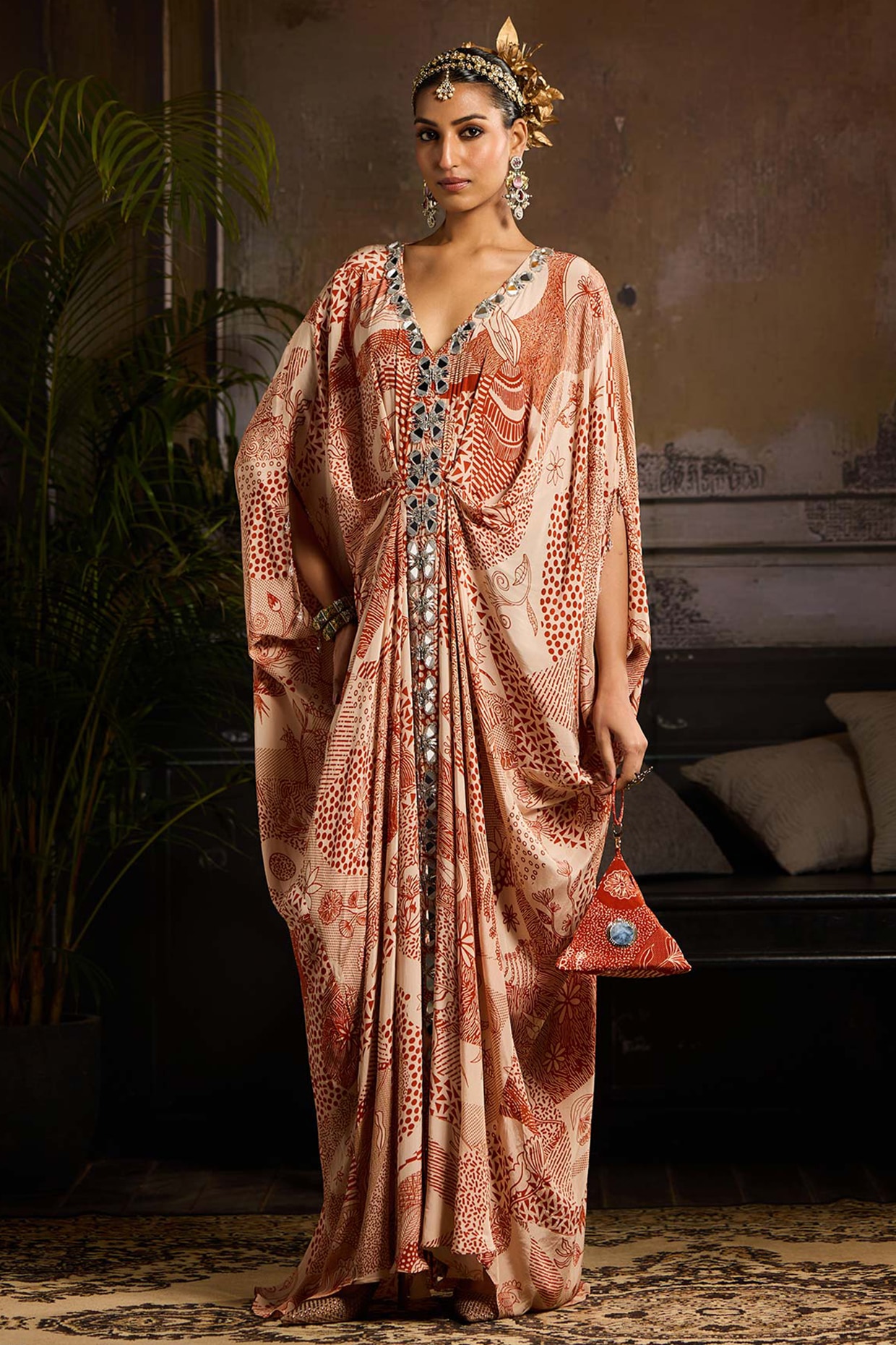 Beige & Rust Crepe Jaal Printed Kaftan With Potli by DiyaRajvvir at Pernia's Pop Up Shop 2025