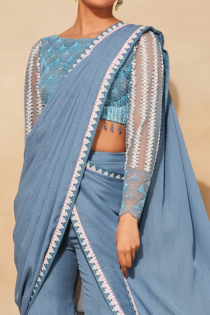 Powder Blue Georgette Bell Bottom Pant Saree Set by DiyaRajvvir at ...