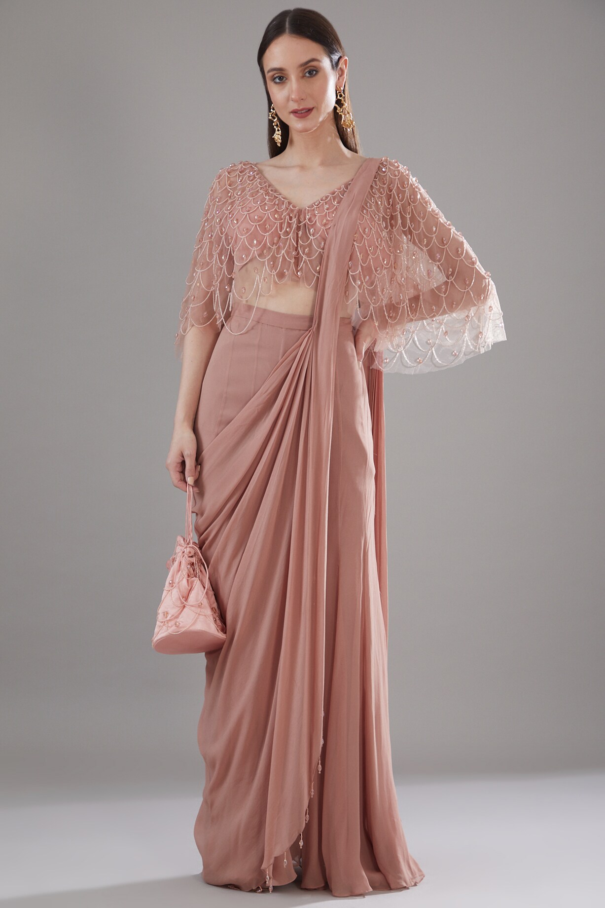 Peach Tulle & Georgette Bell Bottom Pant Saree Set by DiyaRajvvir at ...