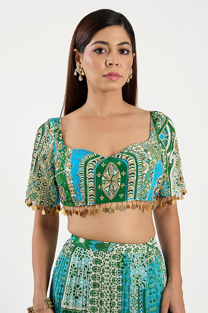 Aqua Crepe & Georgette Printed Tiered Wedding Saree Set by DiyaRajvvir ...