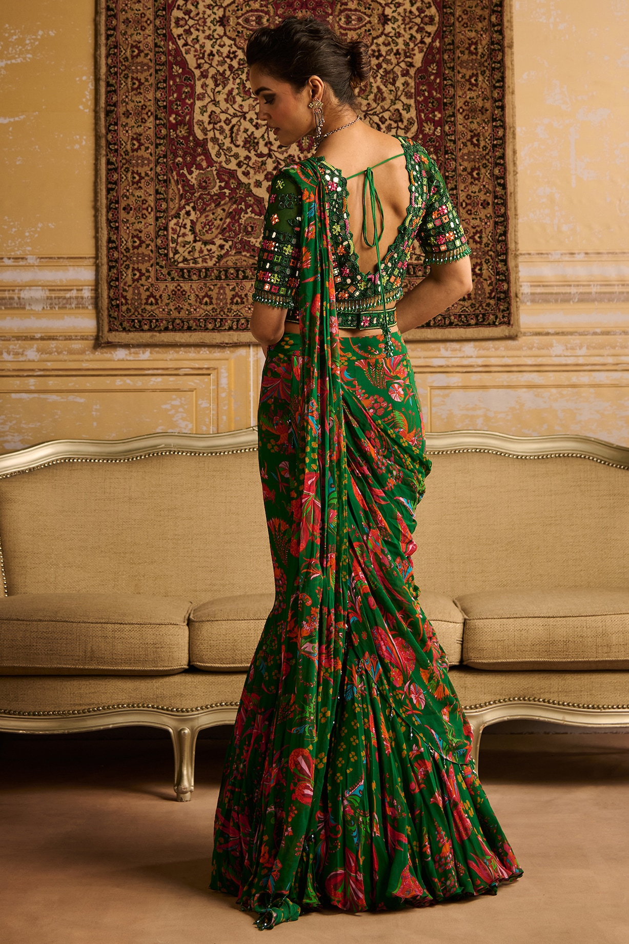 Dark Green Crepe & Georgette Floral Printed Mermaid Skirt Saree Set by ...