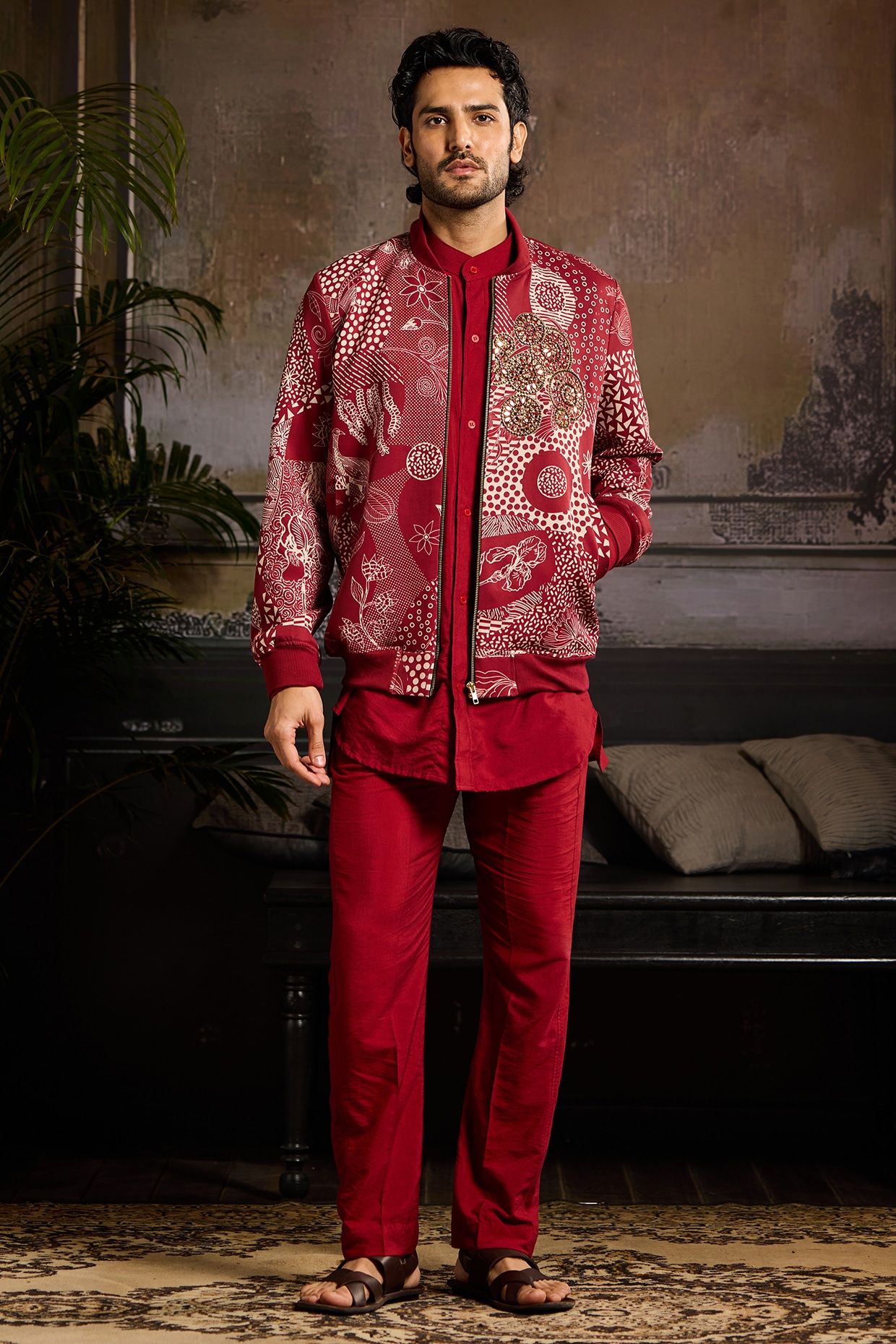 Maroon Banana Crepe & Cotton Silk Printed Bomber Jacket Set by ...