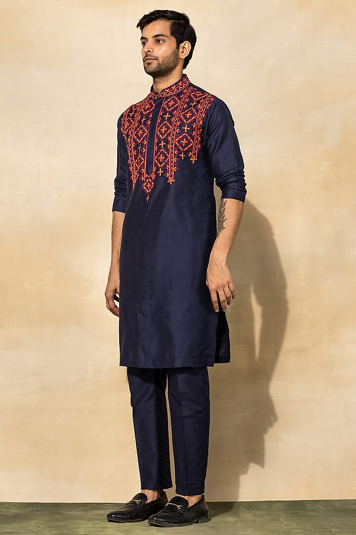 Dark Blue Cotton Embroidered Kurta Set by DiyaRajvvir Men at Pernia's ...