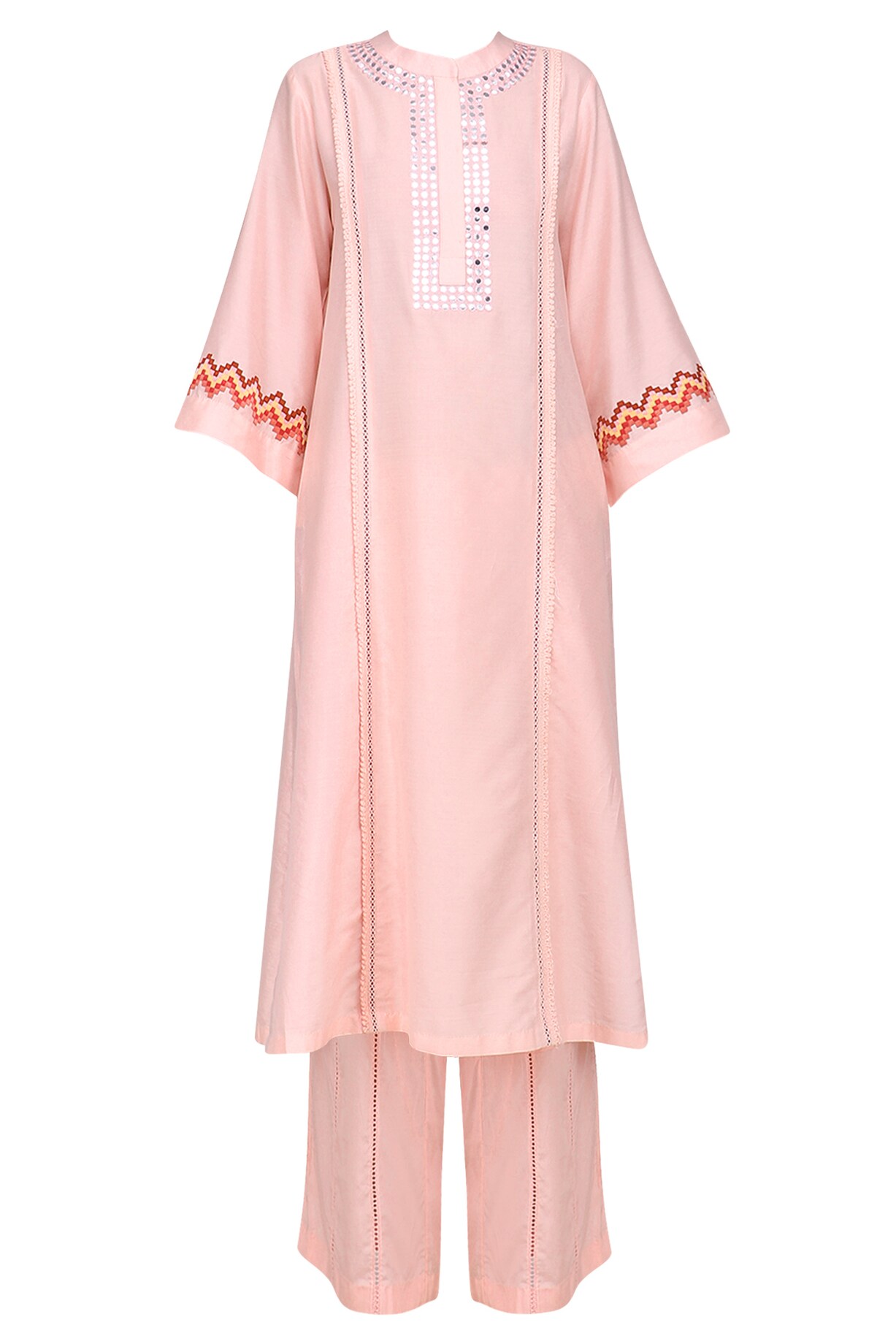 Pink and off white patra embroidered kurta set available only at Pernia ...