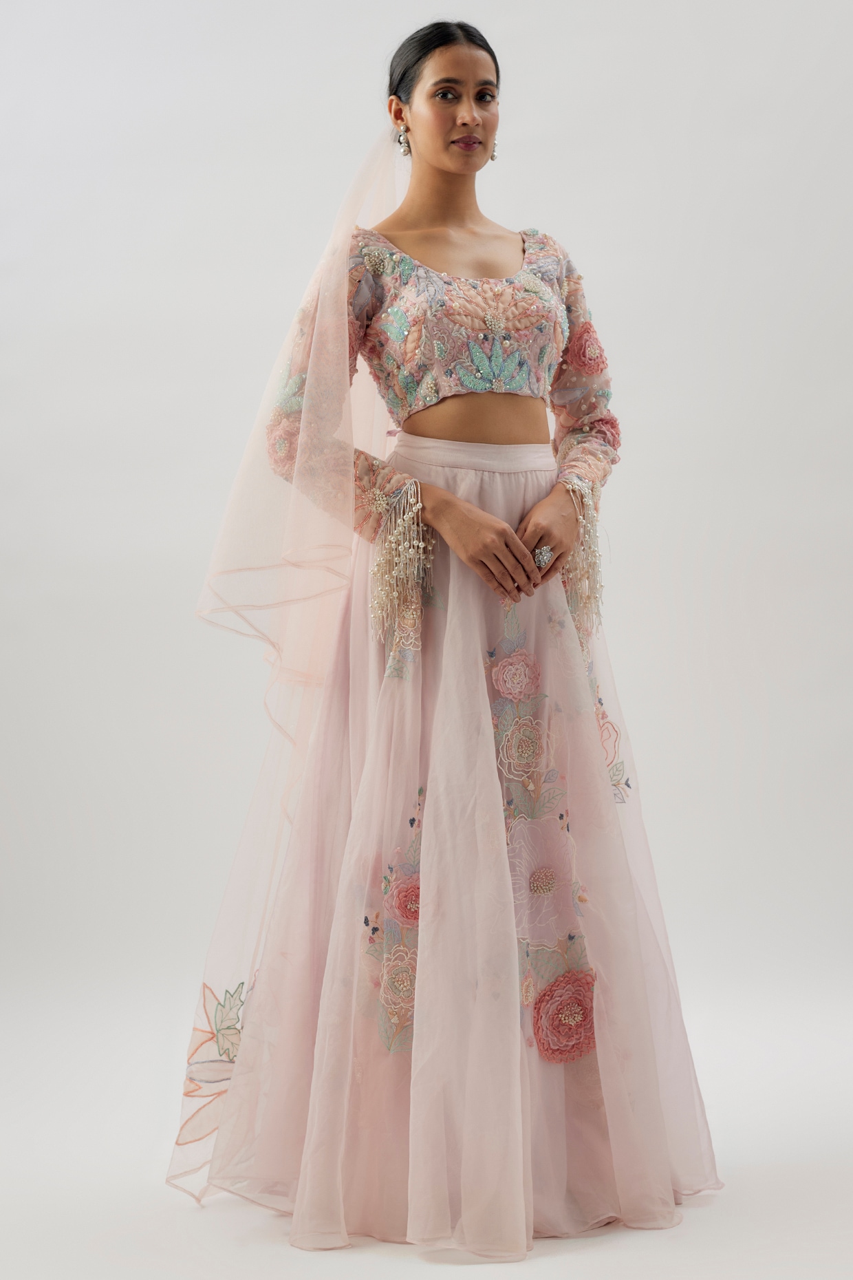 Pink Crepe Silk Hand Embroidered Wedding Lehenga Set by Divya Kanakia ...