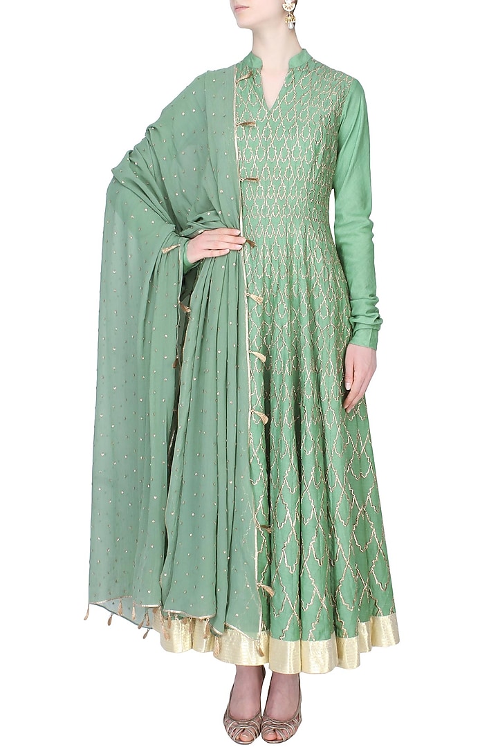 Sage green badla work kalidaar kurta with churidaar pants set available ...