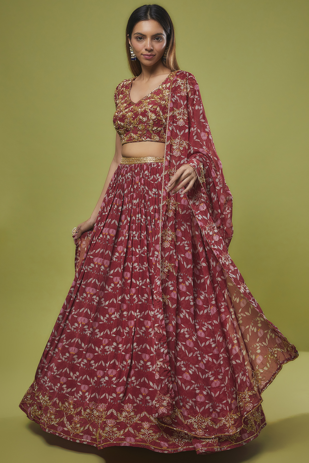 Red Viscose Organza Floral Printed Wedding Lehenga Set By Ease At