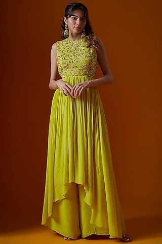 Citric Yellow Pure Crepe Embroidered High-Low Anarkali Set by Ease at ...