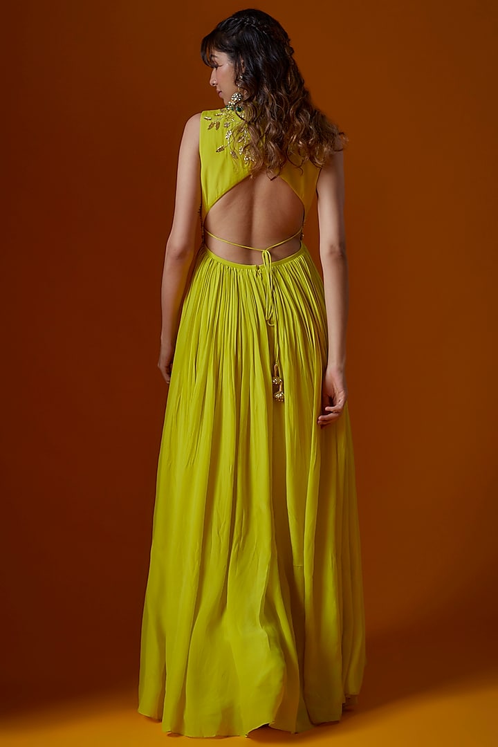 Citric Yellow Pure Crepe Embroidered High-Low Anarkali Set by Ease at ...