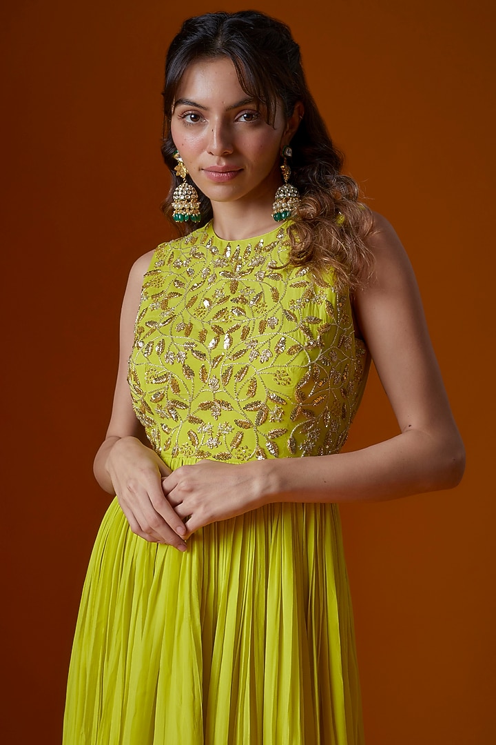 Citric Yellow Pure Crepe Embroidered High-Low Anarkali Set by Ease at ...