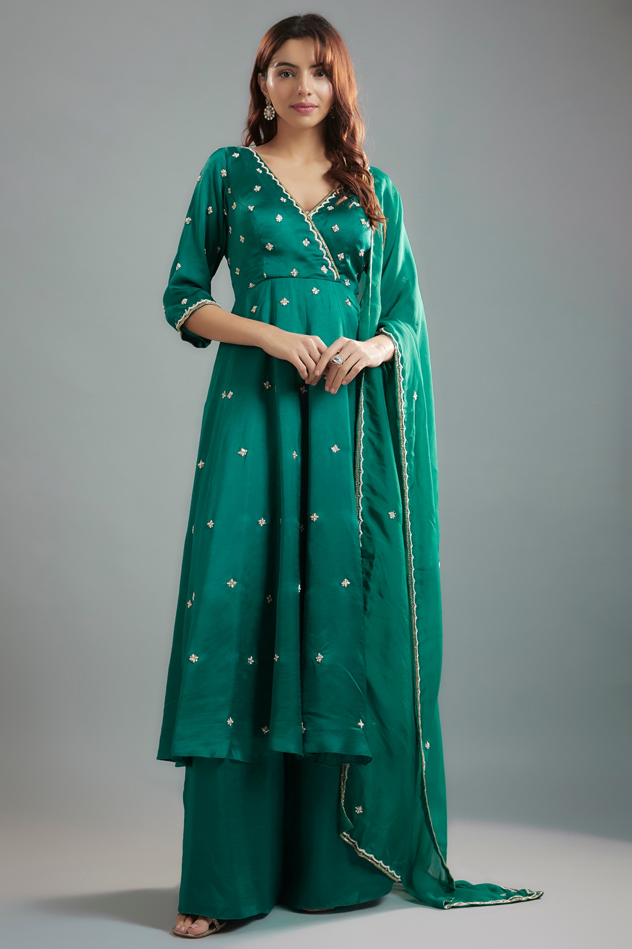 Green Raw Satin Boota Embroidered Overlap Kalidar Anarkali Set by Ease ...