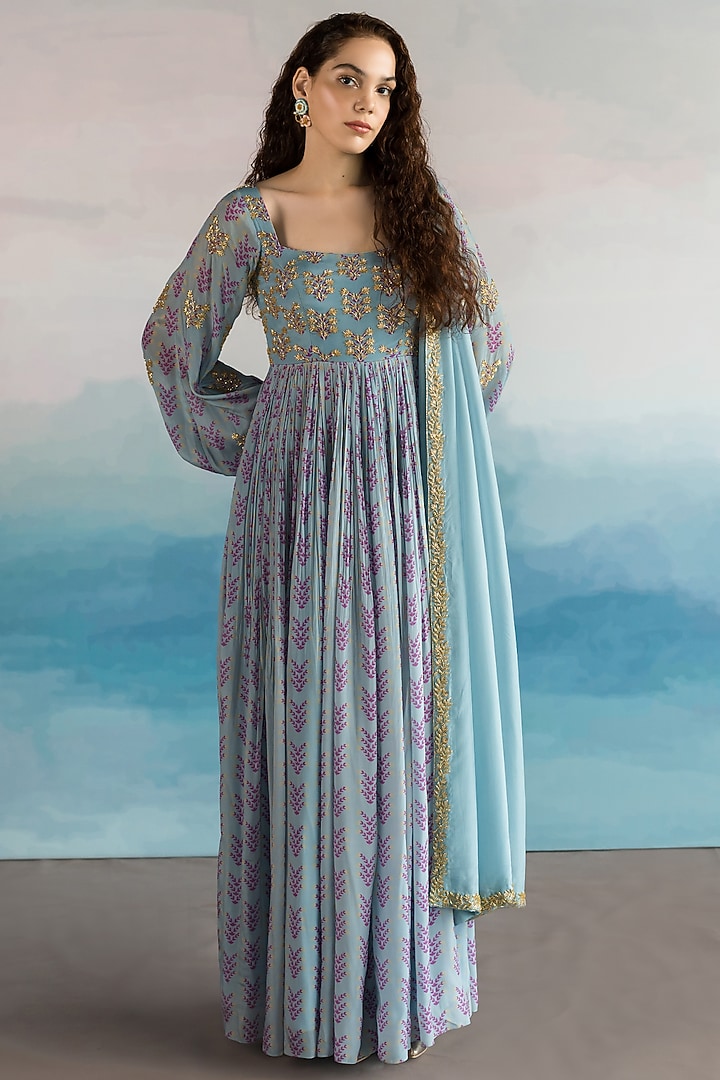 Powder Blue Printed Anarkali Set by Ease at Pernia's Pop Up Shop 2025