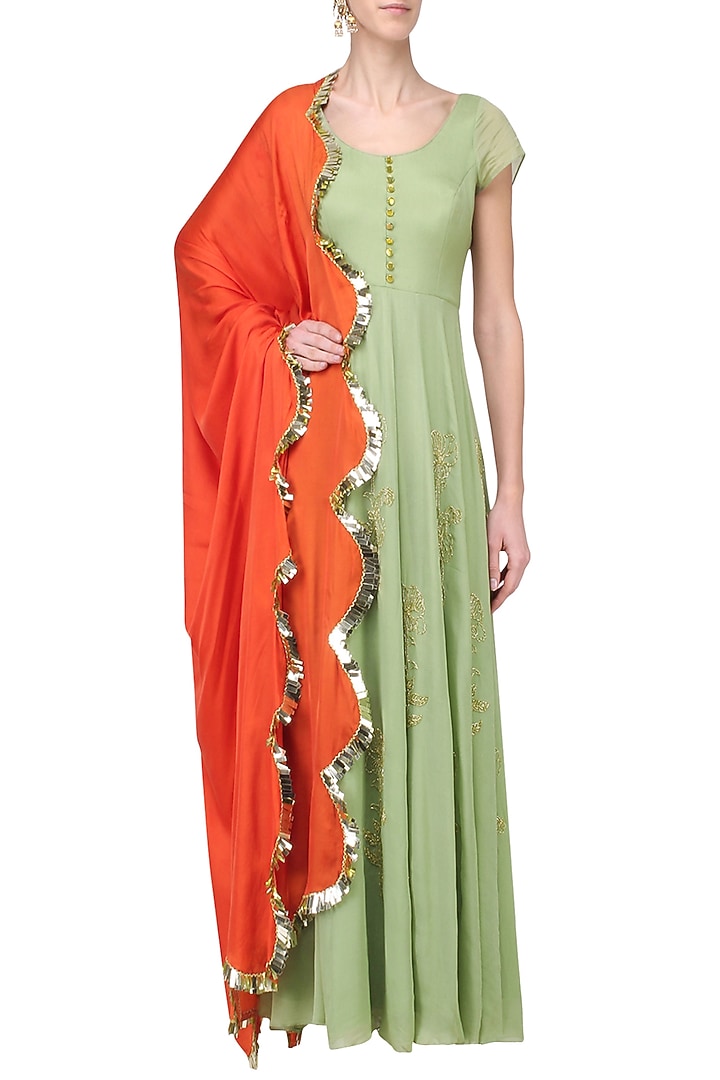 Pista and orange embroidered Anarkali set only at Pernia's Pop Up Shop ...