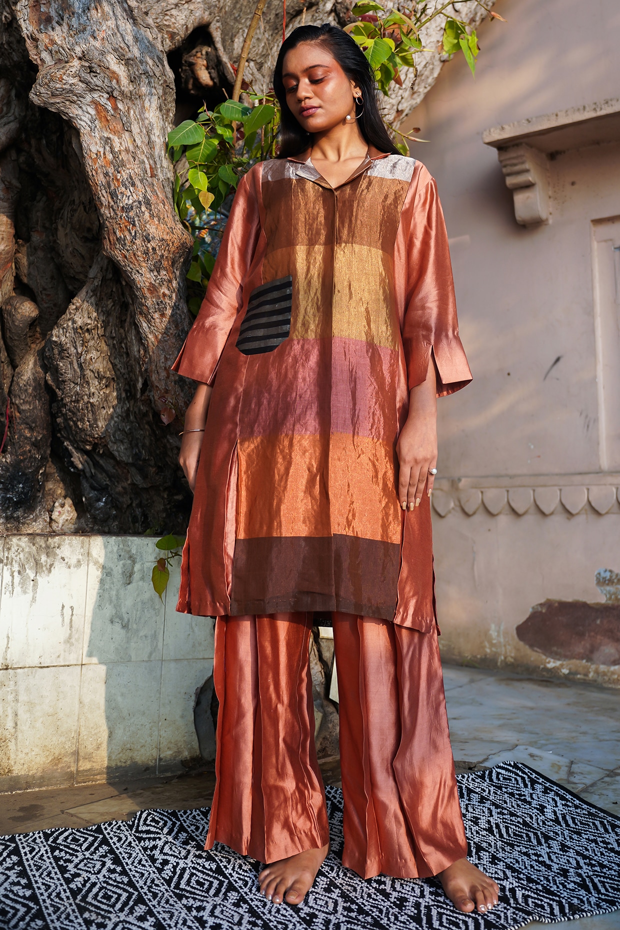 Multi-Colored Metallic Silk Tissue Straight Kurta Set by EEDA at Pernia ...