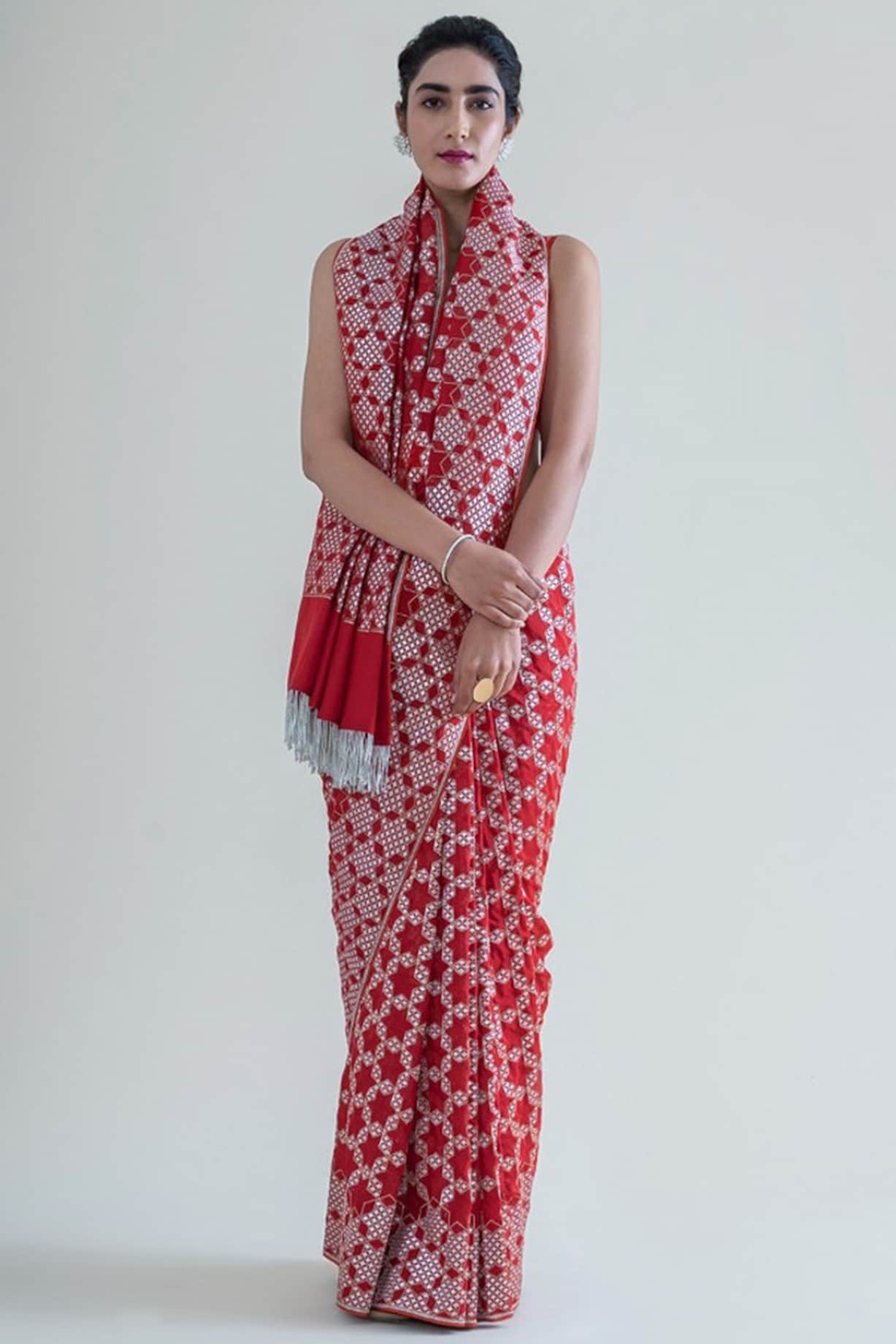 Scarlet Red Saree Set With Cutwork by Ekaya at Pernia's Pop Up Shop 2025