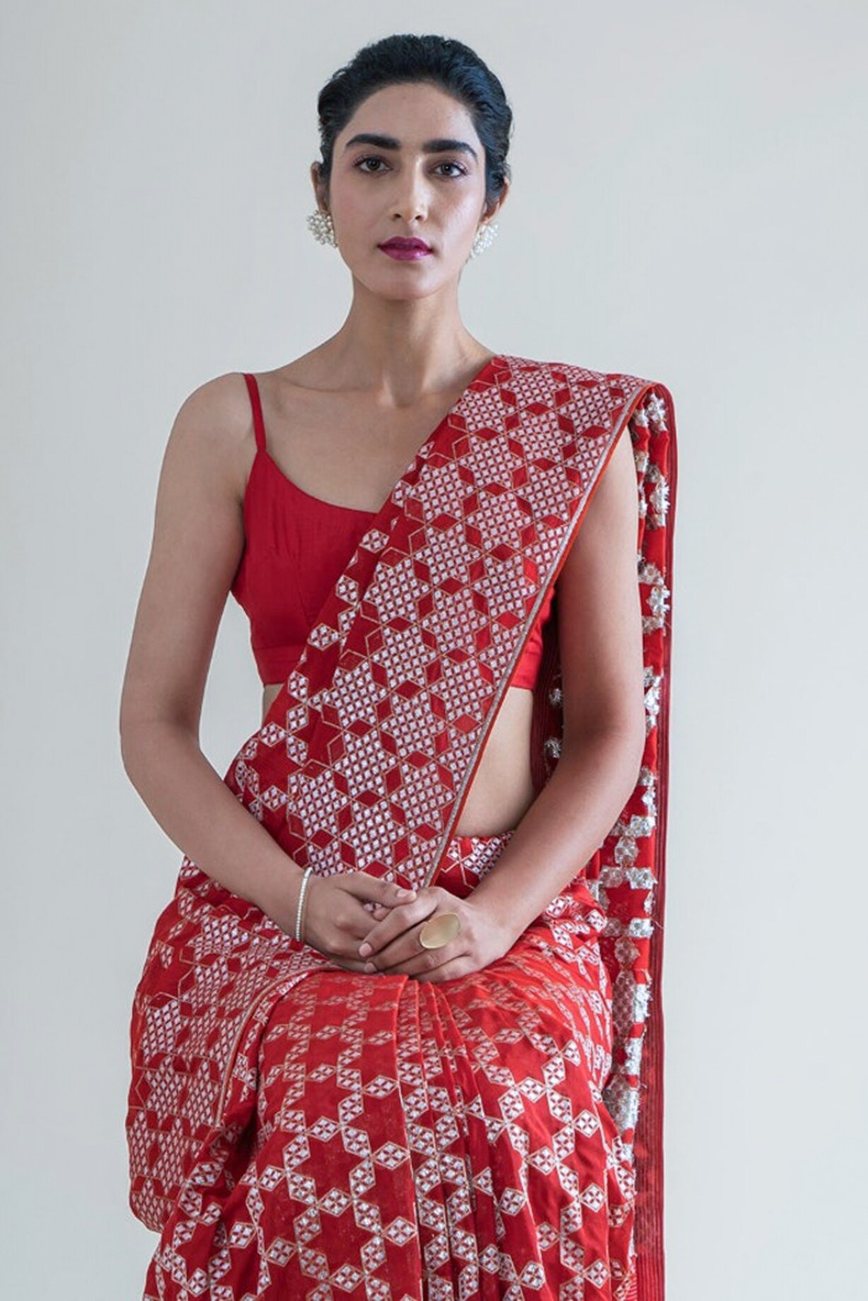 Scarlet Red Saree Set With Cutwork by Ekaya at Pernia's Pop Up Shop 2025