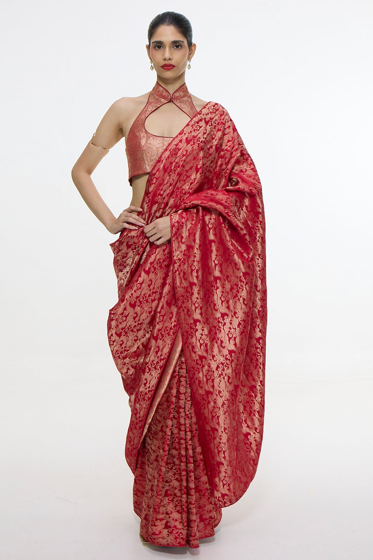 Crimson Red Satin Silk Handwoven Wedding Saree by Ekaya at Pernia's Pop Up Shop 2025