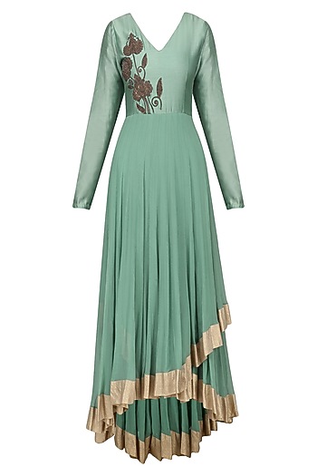 Ash blue floral embroidered asymmetric dress available only at Pernia's ...