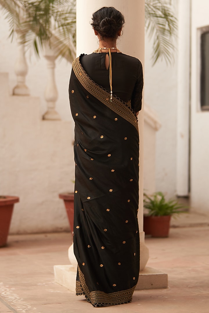 Black Chiniya Silk Boota Embroidered Saree Set by Label Earthen at ...