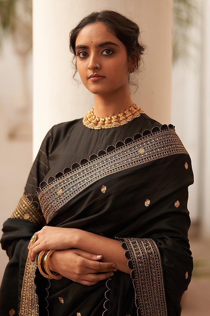 Black Chiniya Silk Boota Embroidered Saree Set by Label Earthen at ...