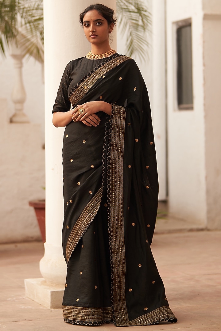Black Chiniya Silk Boota Embroidered Saree Set by Label Earthen at ...