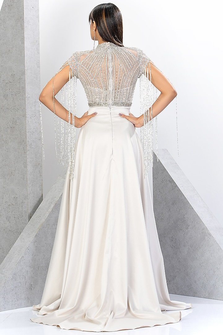 Stone Net & Satin Embellished Flared Gown by Eli Bitton at Pernia's Pop ...