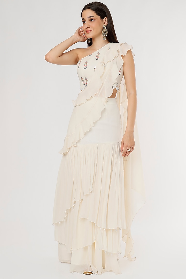 Off-White Georgette Pre-Draped Ruffled Lehenga Saree Set by Empress by ...
