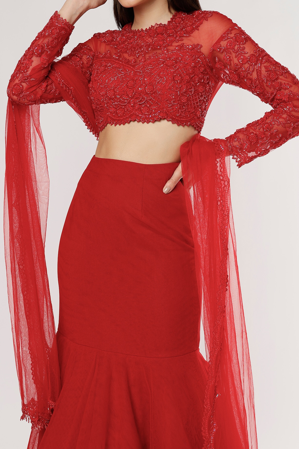 Red Net & Crepe Silk Fish-Cut Wedding Lehenga Set by Empress by Arefa ...
