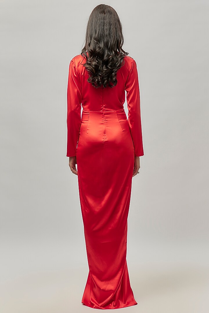 Bold Red Satin Embellished Draped Dress by Emblaze at Pernia's Pop Up ...