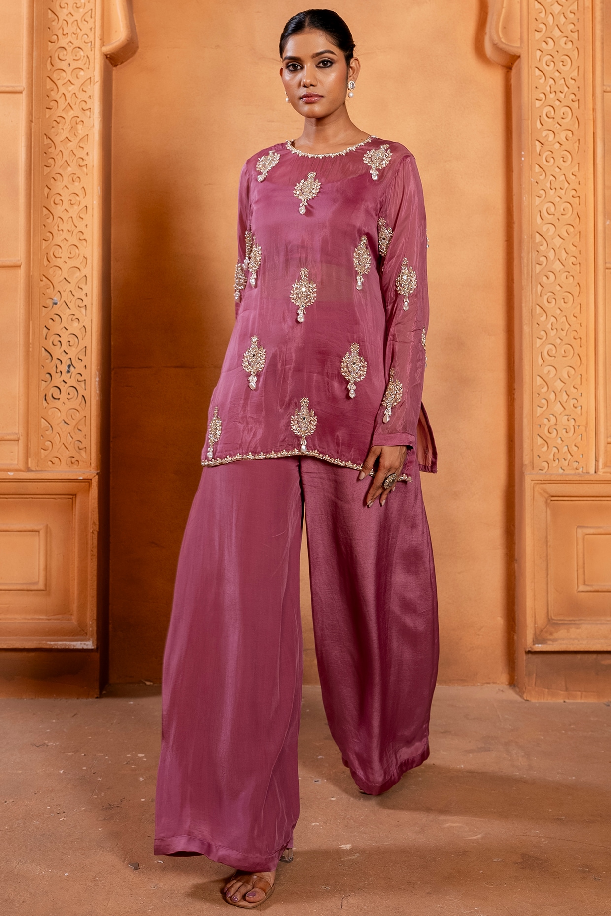 Mulberry Pink Silk Organza Pearl Embroidered Tunic Set by ...