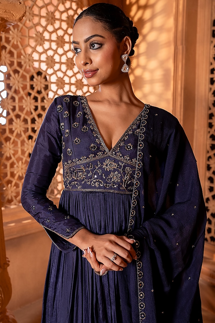 Deep Jamun Blue Silk Zardosi Embroidered Anarkali Set by EnamourByRadha ...