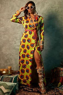 Lime & Orange Viscose Crepe Printed Maxi Dress Design by Eshaa Amiin at ...