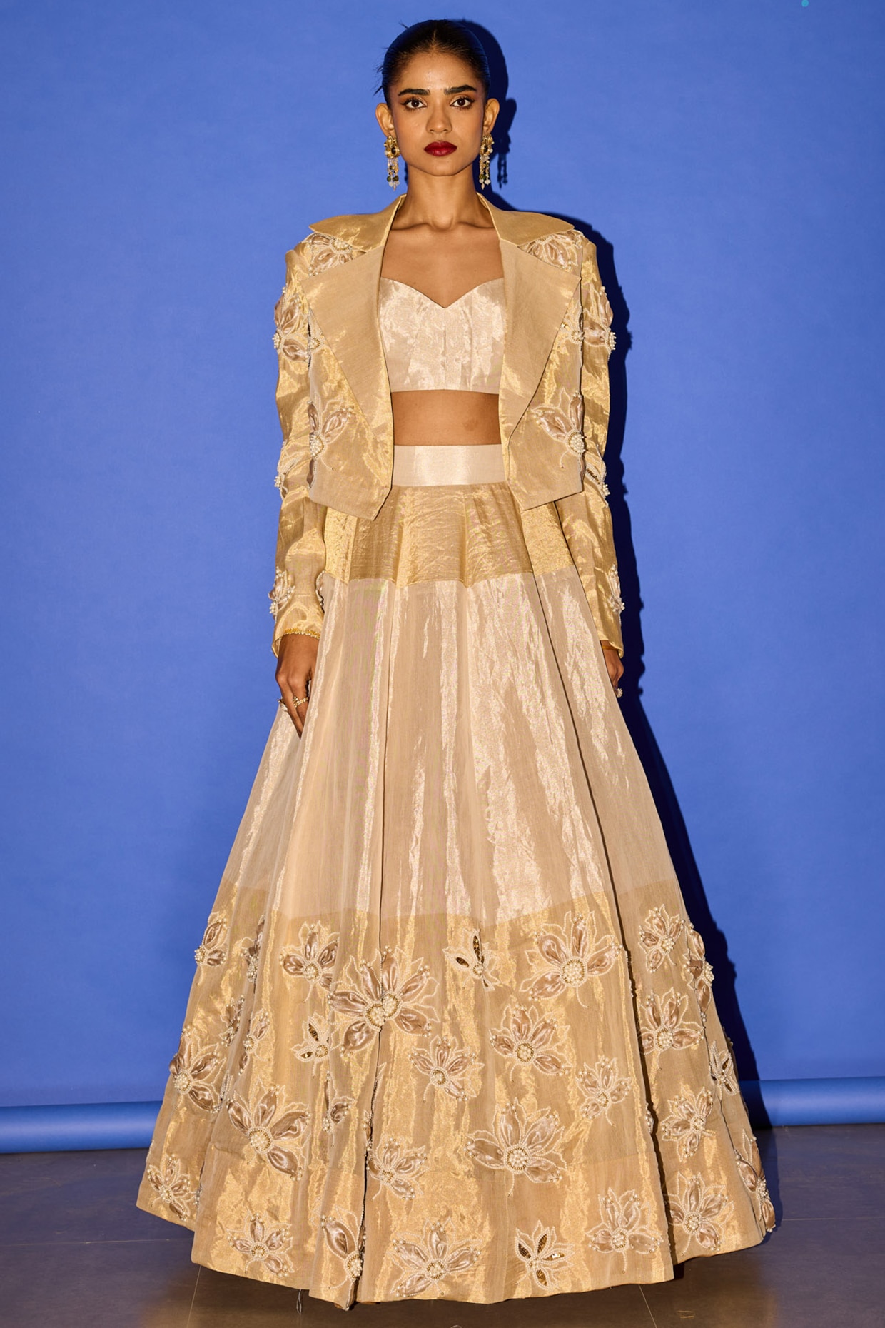 Golden Pure Tissue Floral Embroidered Jacket Wedding Lehenga Set by Esha Arora at Pernia's Pop ...