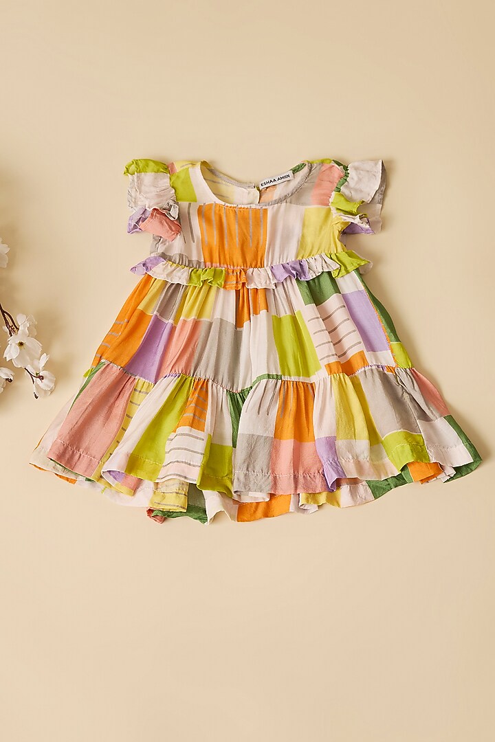 Multi-Colored Crepe Square Printed Dress For Girls by Esha Amin Kids at ...