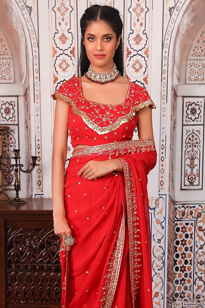 Rust Red Embellished Saree Set by Esha Koul at Pernia's Pop Up Shop 2025