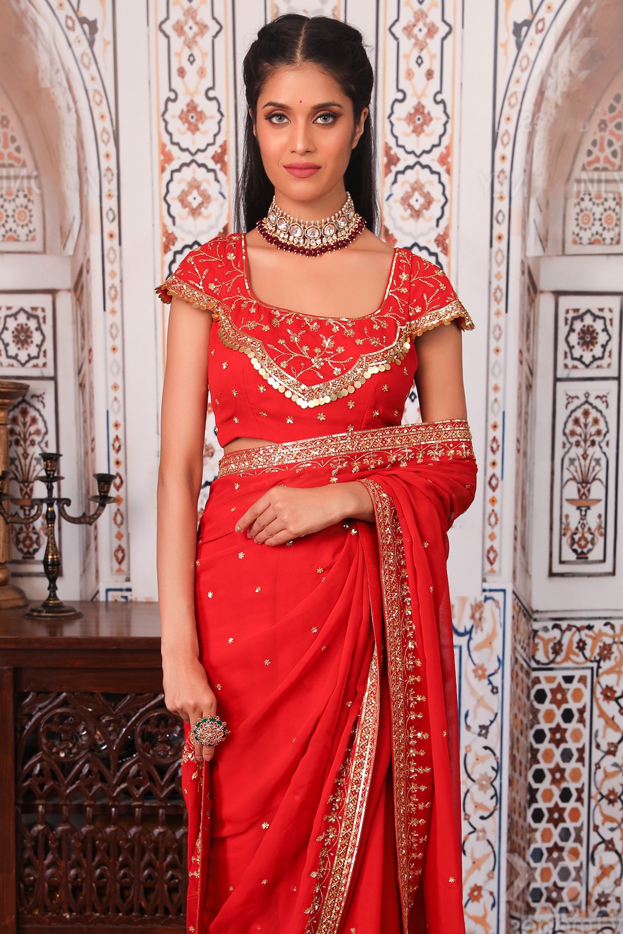 Rust Red Embellished Saree Set by Esha Koul at Pernia's Pop Up Shop 2025