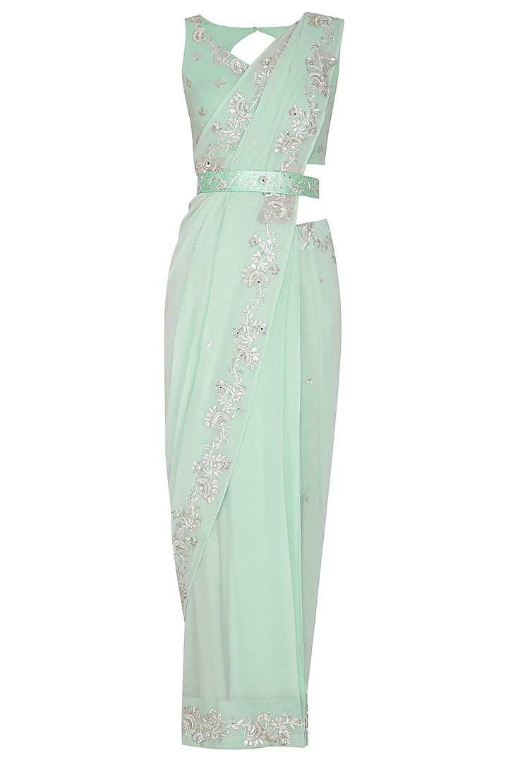 Ice Blue Embroidered Pre-Draped Saree Set With Belt Design by Esha Koul ...