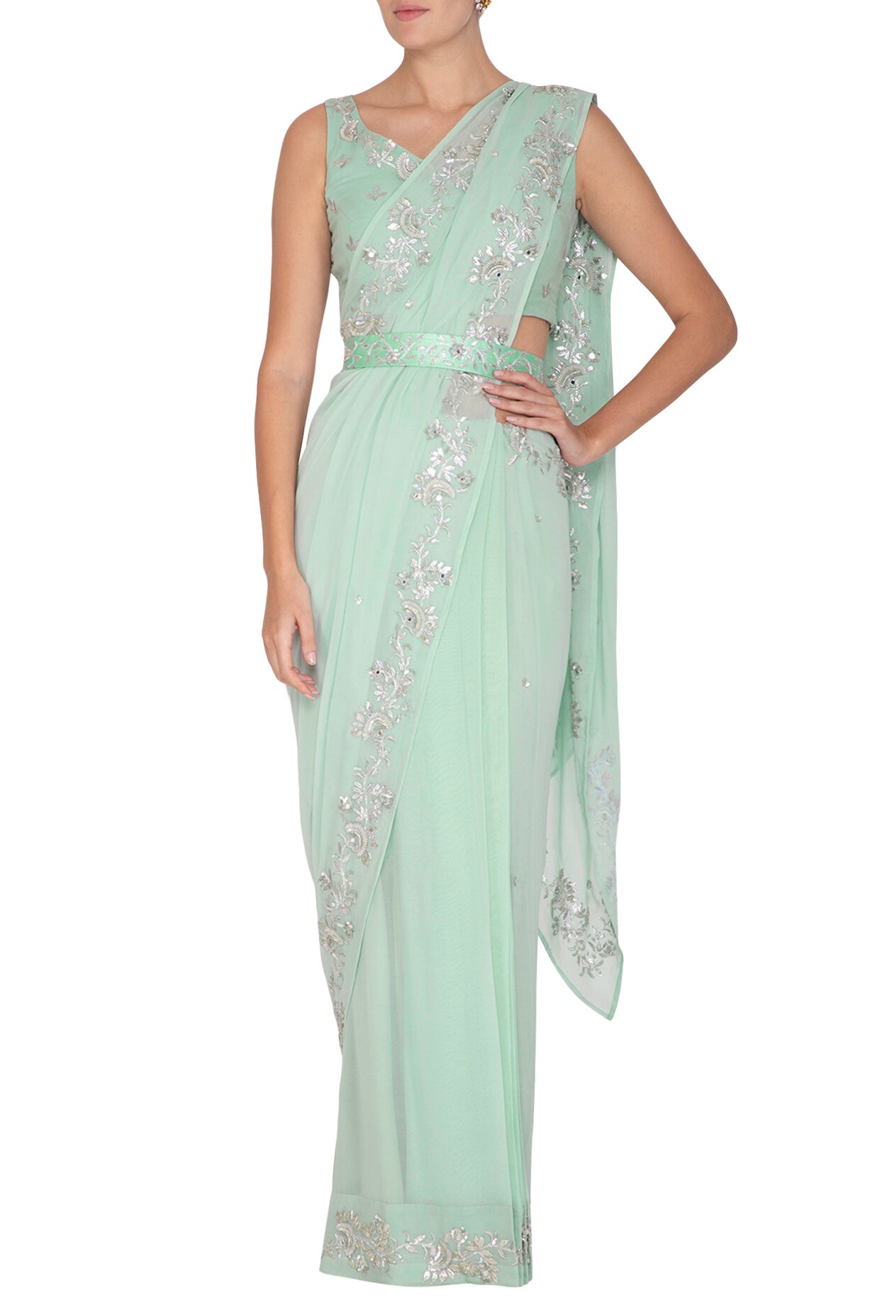 Ice Blue Georgette Gota Embroidered Pre-Draped Saree Set by Esha Koul ...