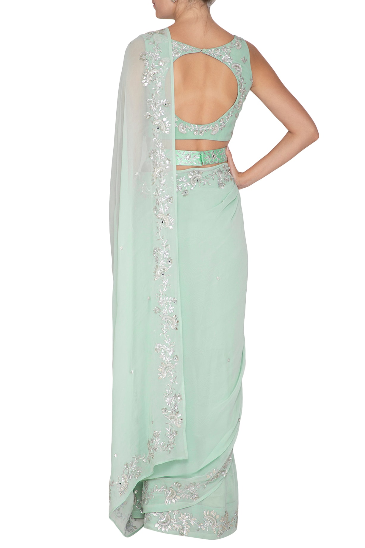 Ice Blue Embroidered Pre-Draped Saree Set With Belt Design by Esha Koul ...