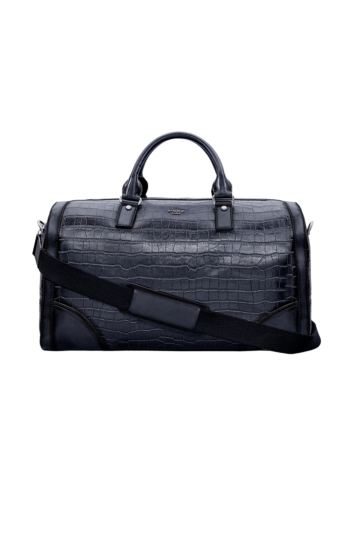 Navy Blue Embossed Leather Duffle Bag by ESKE at Pernia's Pop Up Shop 2025
