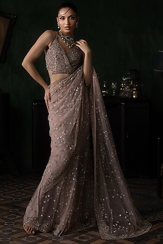 Pale Pink Tulle Embroidered Pre-Stitched Bridal Saree Set by Esha Sethi ...