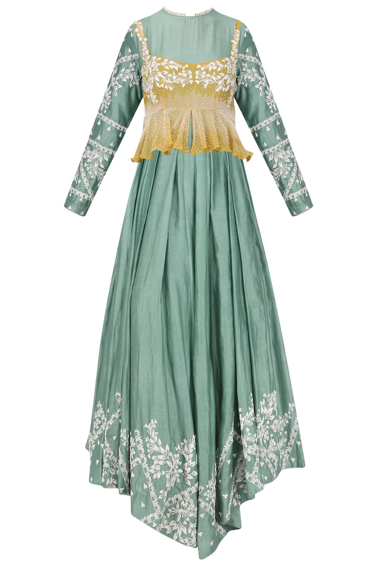 Sage green embroidered anarkali with mustard peplum top available only ...
