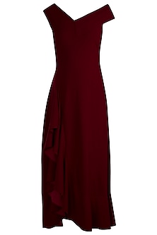 Deep Maroon Bardot Ruffle Maxi Dress Design by Etre at Pernia's Pop Up ...