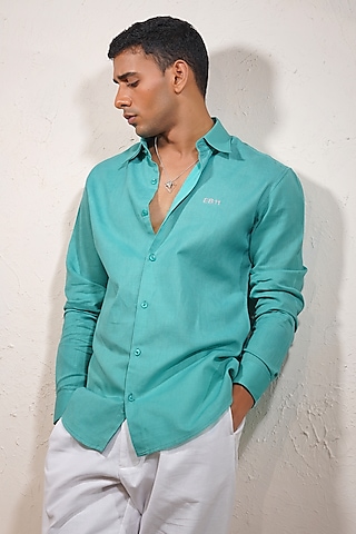 Dark Teal Teal Linen Shirt by Eleven Brothers at Pernia's Pop Up Shop 2025