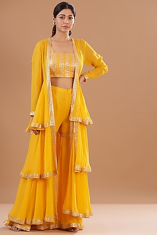 Yellow Georgette Gota Embroidered Jacket Set by EVRA BY NIKITA KHURANA ...