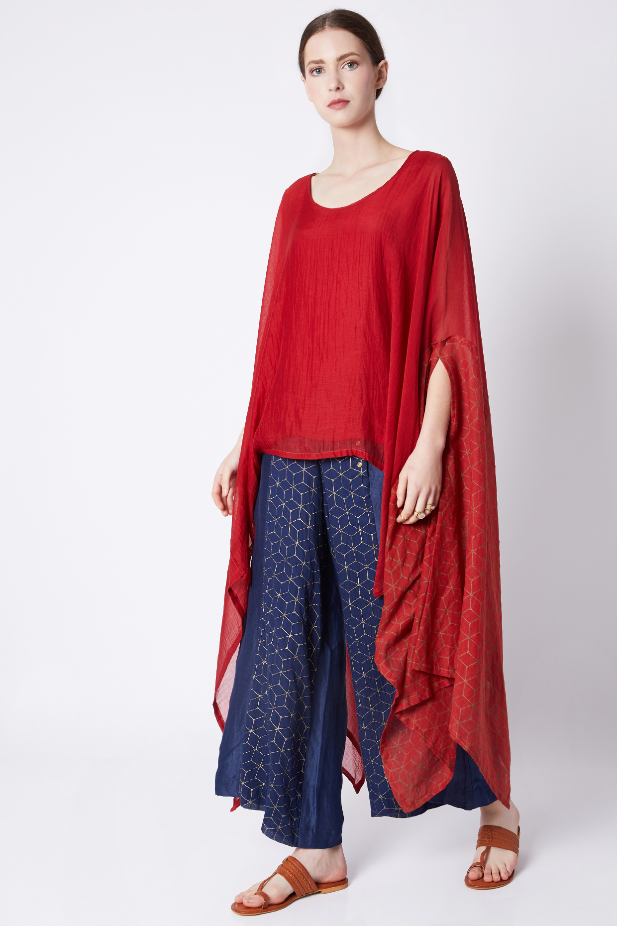 Red Flowy Printed Top Design By Ezra At Pernias Pop Up Shop 2024
